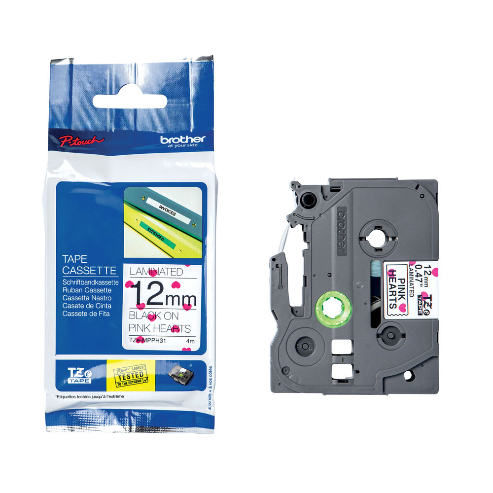 Brother TZe Labelling Tape 12mm x 4m Black on Pink Hearts TZEMPPH31 ...