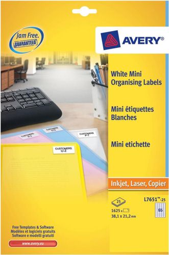 Avery Laser Labels White 65/Sheet 38.1x21.2mm L7651-25 [25 Sheets ...